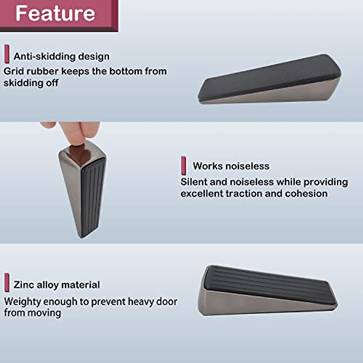 Lovein Door Stopper with Metal Alloy, Rubber Door Stop Wedge Works Quite and Security, Hold Heavy Doors Firmly by Non-Skid Rubber Base Grip , Chrome black