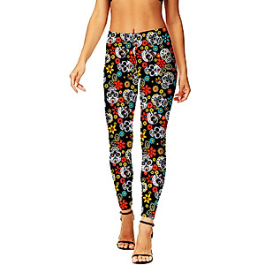 AOBUTE Women's Halloween Leggings Scary Skull Printed High Waist Yoga Pants Day of The Dead Tights L
