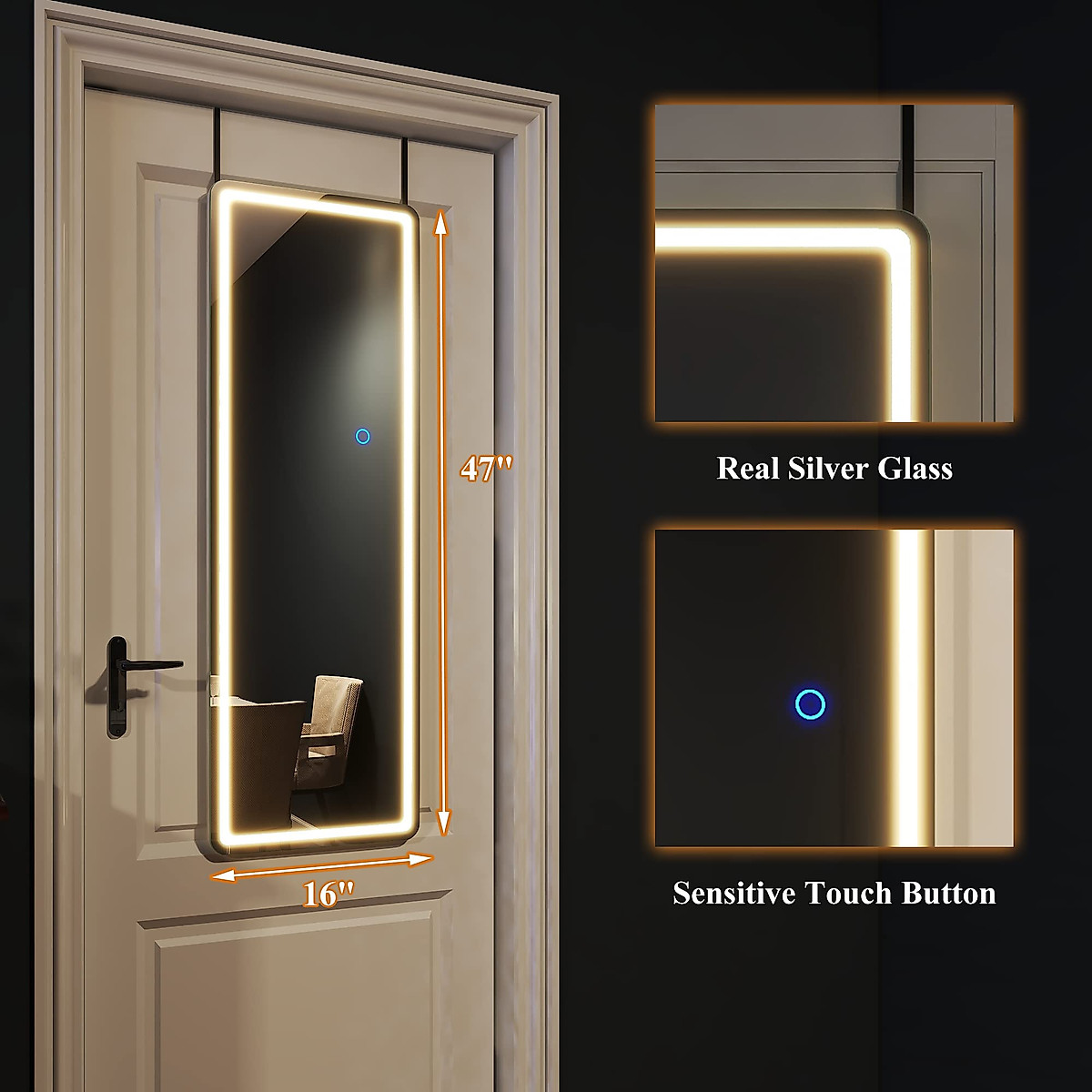 NeuType Full Length Mirror with Lights, 47"x16" LED Full Length Mirror, Over The Door Lighted Mirror with 2 Hangers, Dimmable Brightness & 3 Color, Wall Mirror for Bedroom, No Battery Required, White