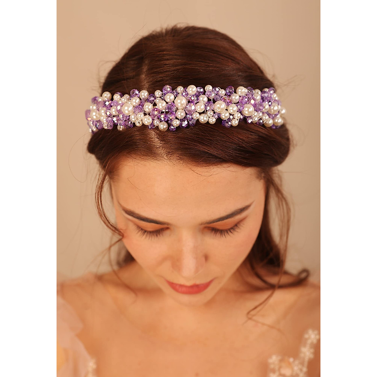 Kercisbeauty Purple Crystal and Pearl Hair Tiara for Girls Prom Wedding Bridal Handmade Crown Women Special Occasion Boho Jewelry (Purple)