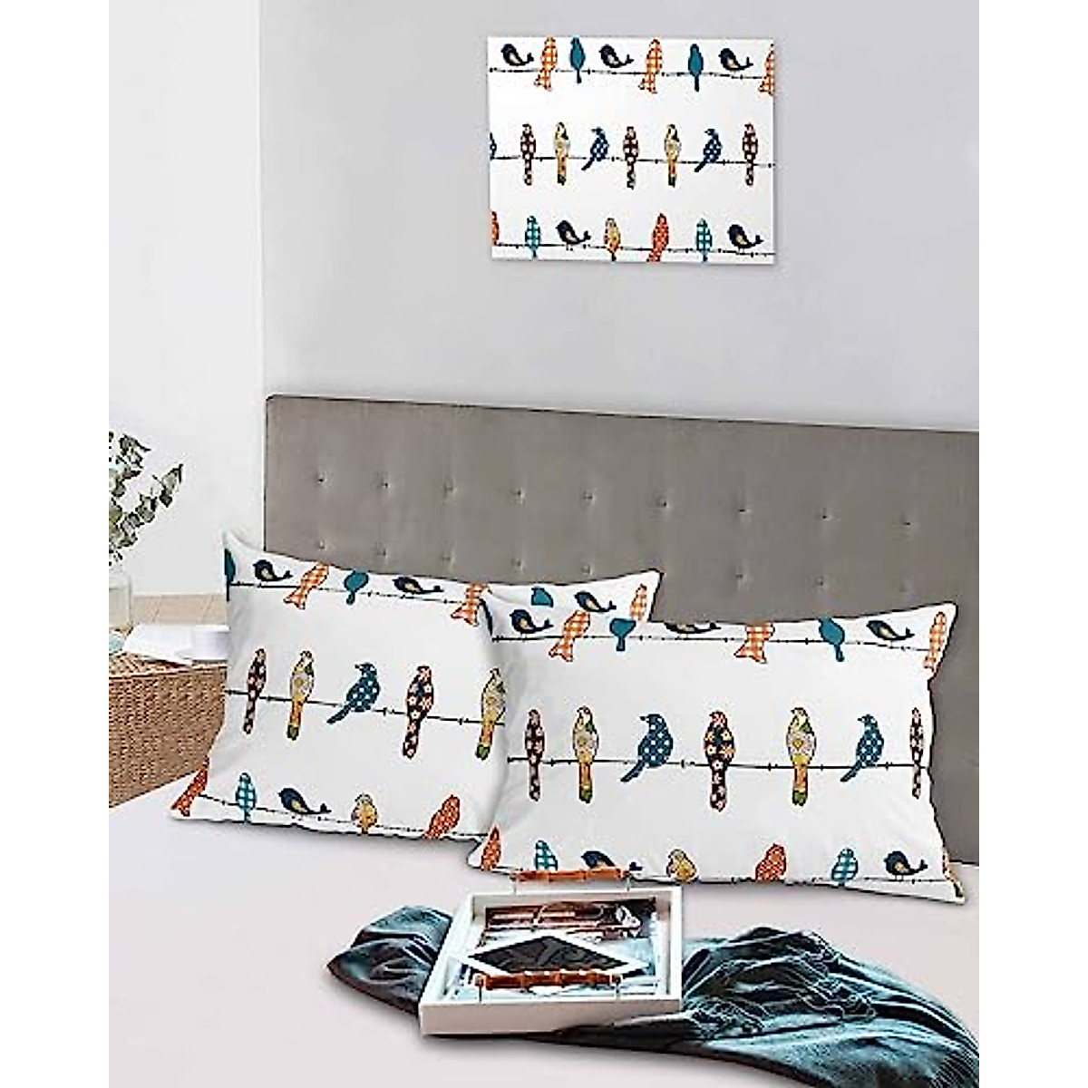 Edwiinsa Orange Teal Plaid Pillow Covers Standard Size Set of 2 20x26 Bed Pillow, Rustic Turquoise Spring Floral Birds Plush Soft Comfort for Hair/Skin Cooling Pillowcases with Envelop Closure