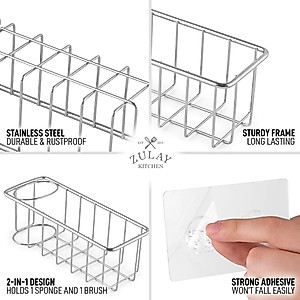 Zulay 2-in-1 Sponge Holder for Sink - Stainless Steel Kitchen Sink Sponge Holder with Extra Strong Adhesive - Rust Proof Dish Brush Holder & Dish Sponge Holder - Solid Sponge Caddy Sink Organizer