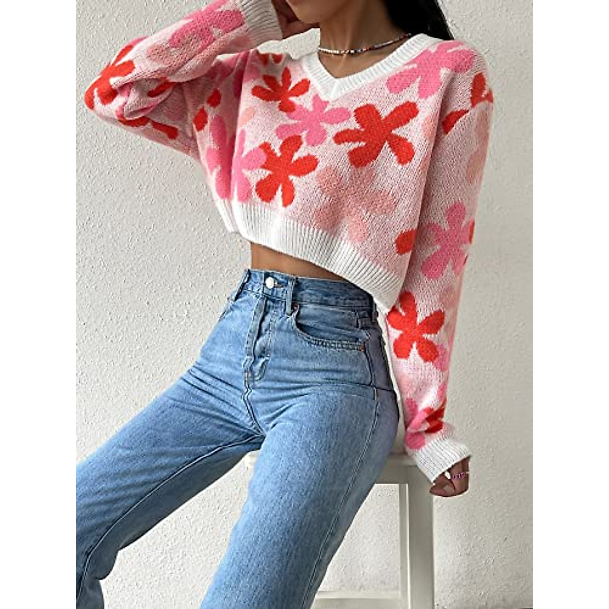 Floerns Women's Casual Rib Knit Long Sleeve V Neck Floral Pattern Drop Shoulder Crop Sweater Top Pink S