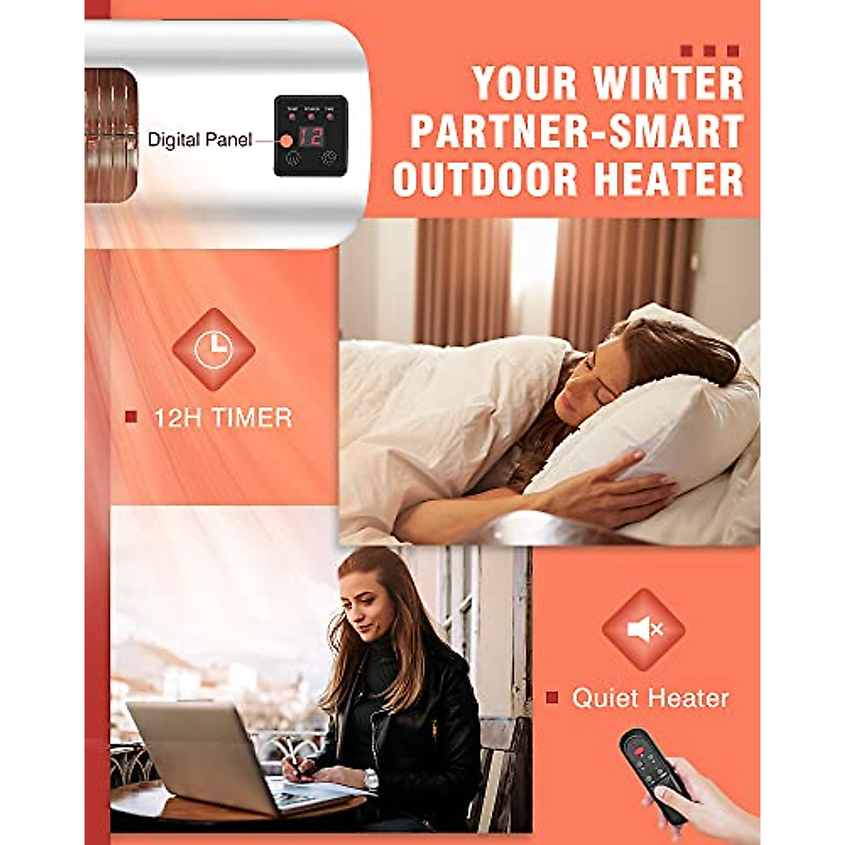 Outdoor Heater 1500W, Sunday Living Infrared Patio Heater, Electric Outdoor Heaters with Remote Control and 12H Timer, IP65 Waterproof, Wall Mounted, Outdoor Heaters for Patio, Silver