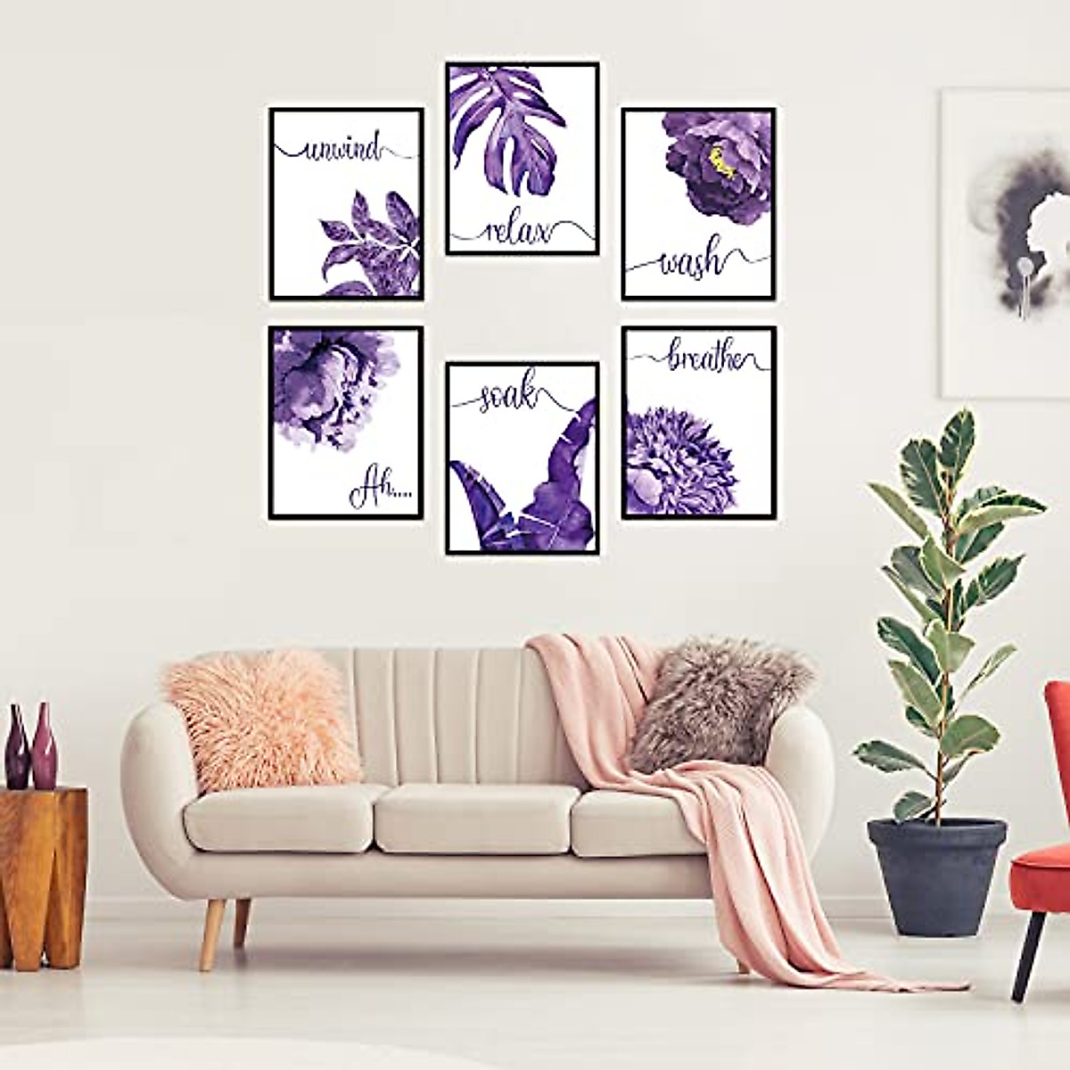 Outus 6 Pieces Purple Wall Art Decor Relax Soak Wash Breathe Unwind Bathroom Decor Unframed Flower Poster Prints Photos Farmhouse Wall Painting Decor for Home Bathroom Washroom, 8 x 10 Inch (Purple)
