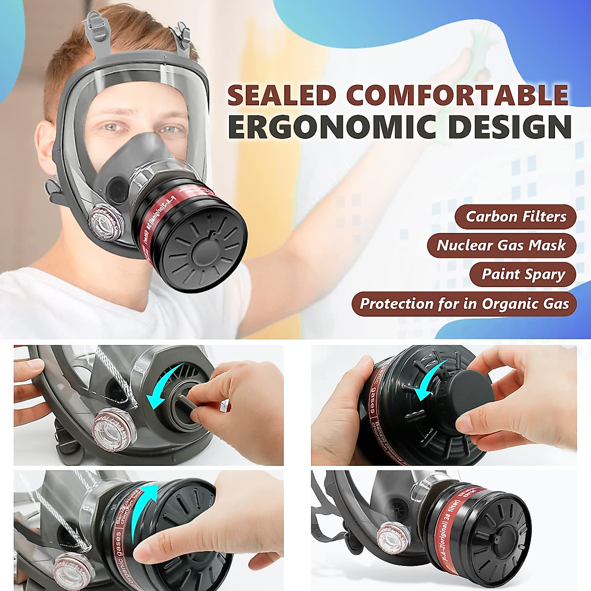 GZYZAMZ Reusable Full Face Gas Respirator, Anti-fog Gas Cover Organic Vapor Respirator Mask with 40 mm Activated Carbon Filter Canister and 2097 Particulate Filter, for Painting, Welding, Chemical