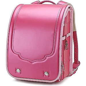 Ransel Randoseru Semi-Automatic Backpack Japanese School Bags for Kids Girls Senior PU Leather Large Capacity Light Weight Rain Cover（Pink）