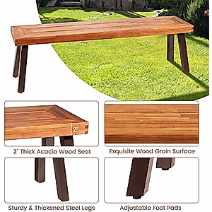 Tangkula Outdoor Acacia Wood Bench, Patio Dining Bench Picnic Bench with Steel Legs, Wooden Bench for Porch Garden Poolside Living Room Balcony, Ideal for Indoor & Outdoor Use (1, Teak)