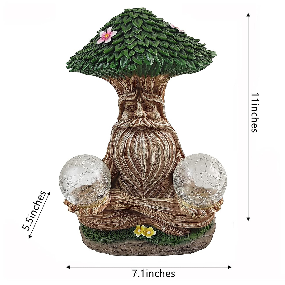 Zen Tree Man Solar Statue Meditation Old Man Figurine with LED Light Fairy Garden Tree Elf Gnome Statue，for Outdoor Decor Patio Yard Lawn Porch Halloween Decoration,11" Tall