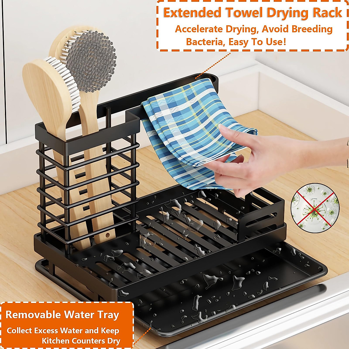 CIT ZCFYU Kitchen Sink Caddy Sponge Holder, Sink Caddy Kitchen Sink Organizer Stainless Steel, Dish Sponge Holder with Dishcloth Rack, Removable Drain Tray for Sponge, Gifts for Women & Men, Black