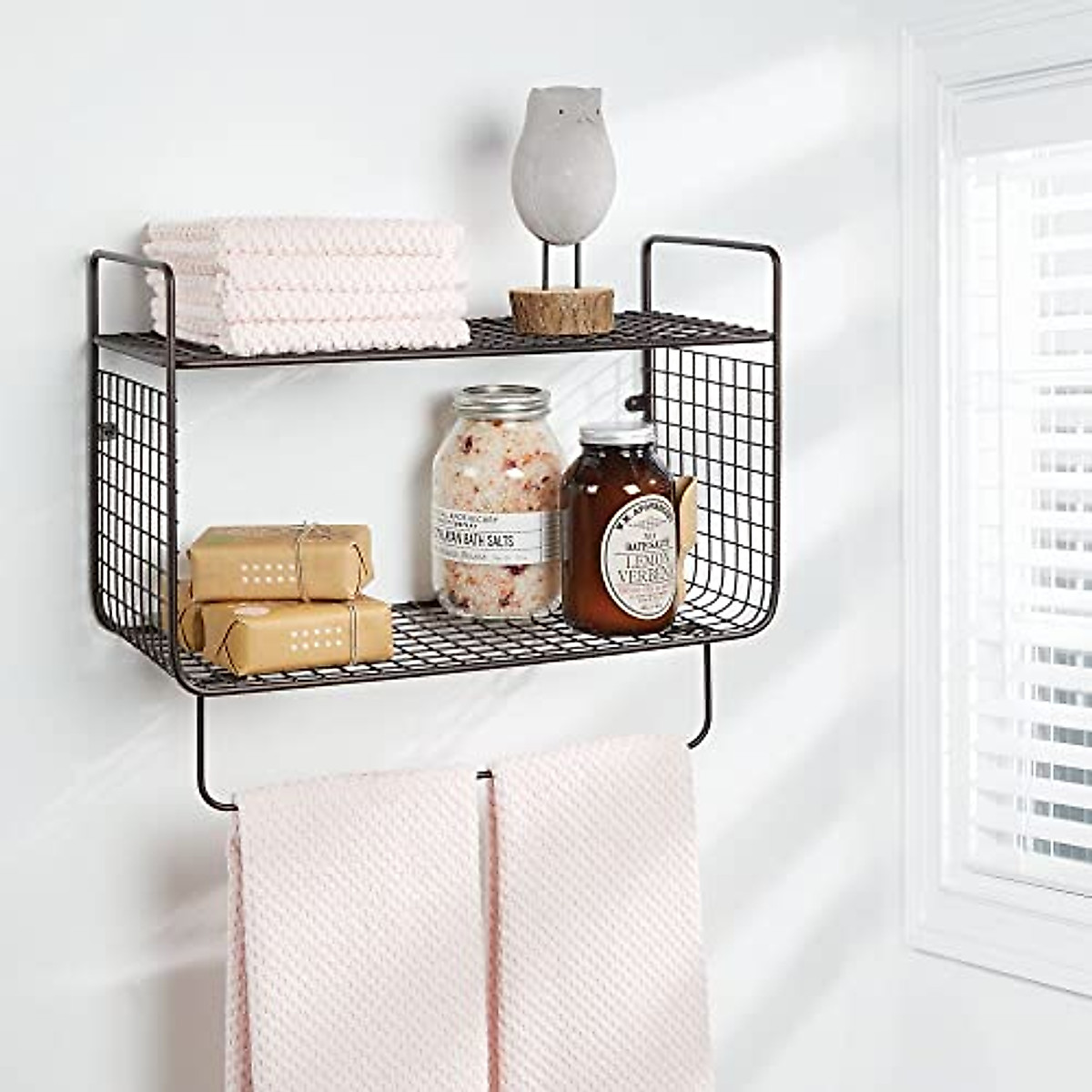 mDesign Steel Wall Mount Towel Rack Storage Organizer Shelf Holder with Towel Bar - for Bathroom, Laundry Room, Kitchen, Garage - Holds Hand Towels, Washcloth - Concerto Collection - Bronze