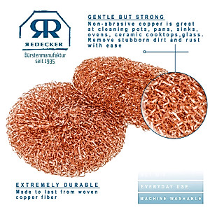 REDECKER Real Copper Thread Pot Scrubber - Woven Double Layers for Extra Strength - Gently Remove Even Persistent Dirt Long Lasting, Set of 2 - Copper Scrubbers - Copper Sponge Scrubber