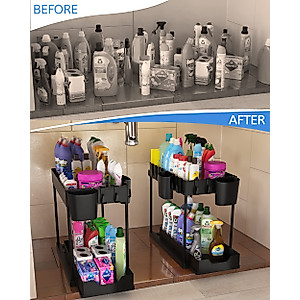 SLAH Pack of 2 Under Sink Organizers and Storage for Bathroom - 2 Tier Undersink Storage with Sliding Drawer and Hanging Hooks - Multi-purpose Organization for Kitchen Sink Organizer Under Cabinet