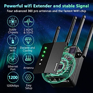 WiFi Extender, WiFi Booster, Cover up to 12880 sq.ft & 105 Devices, 1200Mbps Wall-Through Strong WiFi Booster, Dual Band 2.4G and 5G, with Ethernet Port & AP Mode, 4 Antennas 360° Full Coverage