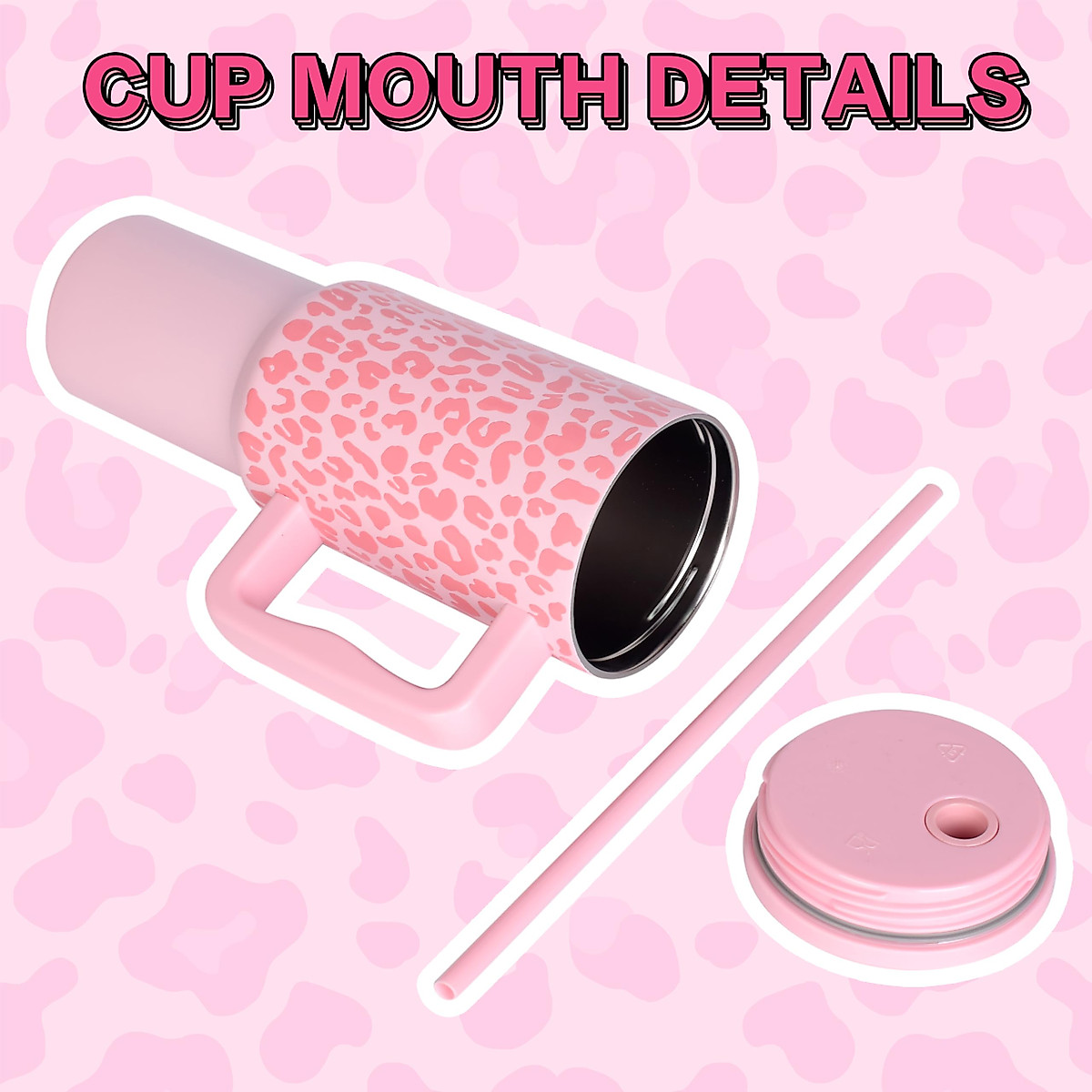 ZHIDENGWJ Stainless Steel Vacuum Insulated Tumbler with Lid and Straw for Water, Iced Tea or Coffee(Light Pink Leopard Print)