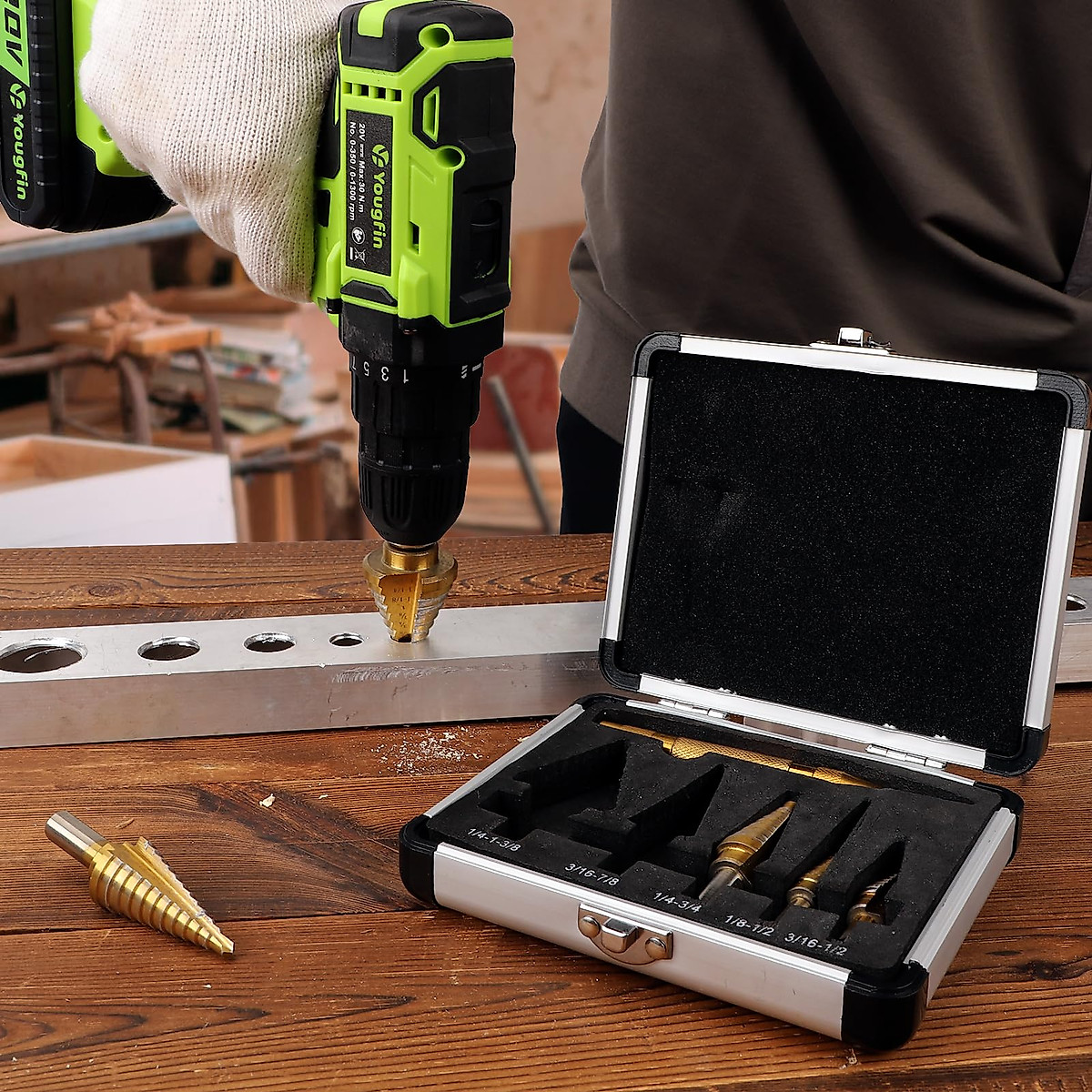 Yougfin Step Drill Bit Set-5 Pcs HSS Titanium Coated Step Drill Bits with Extra Automotive Center Punch-50 Sizes High Speed Steel Step Bits for Metal with Aluminum Case