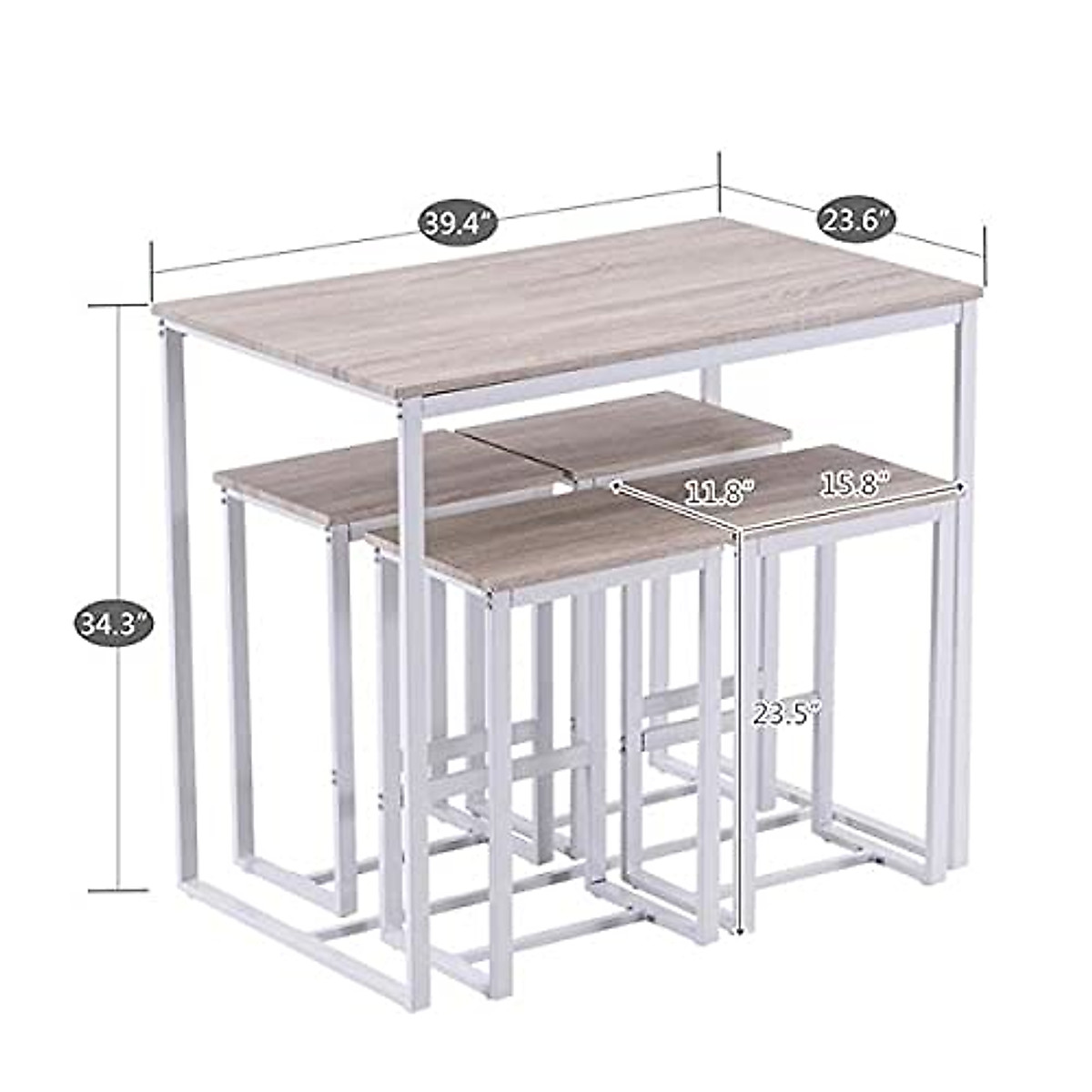 Dining Table Set (100 x 60 x 87) cm Oak Simple 87cm High Bar Table and Chairs Set of 5 PVC Paper Lacquered White Matte White