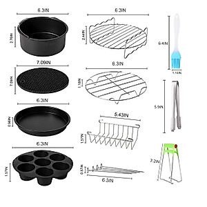 7 Inch 10pcs Air Fryer Accessories Set Fit for Gowise Gourmia Cozyna Ninja,Fit All 3.2qt-6.8qt Air Fryer,Kits with Skewers Silicone Mat,Pizza Pan,Cake Barrel,Non-Stick,Dishwasher Safe,Universal,Black