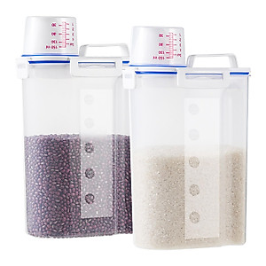 2 Pcs 5 lb Rice Dispenser Flour Storage Container, Airtight Dry Food Storage Bin with Pouring Spout & Measuring Cup, Kitchen Pantry Plastic Clear Jars for Oatmeal, Grain, Cereal, Pasta, Dog Pet Food