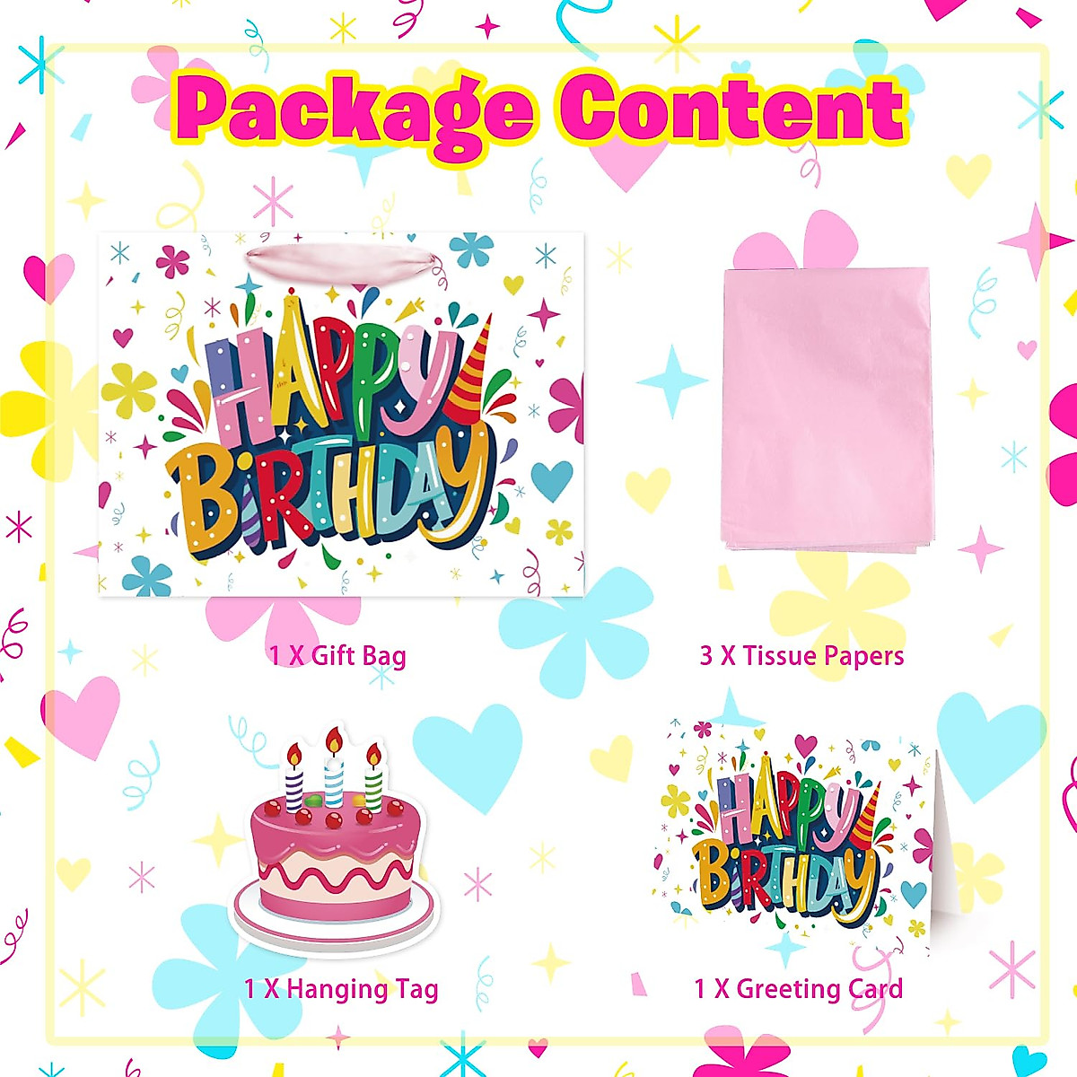 Mpanwen 16" Large Happy Birthday Gift Bag with Card and Tissue Papers for Boy Girl Kids Women Birthday Party