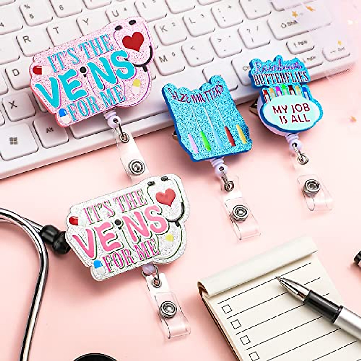 Geyee 4 Pack Nurse Badge Reel Retractable Badge Holder Funny Bling Blood Phlebotomist Badge Clips Cute Phlebotomist Nursing ID Badge Holder with Clip for Office School Hospital Nurses Teacher