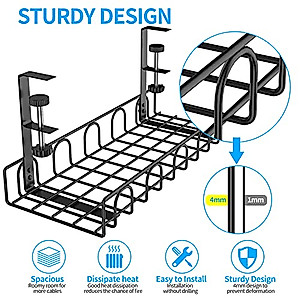 Under Desk Cable Management Tray - 15.7in 2Packs Metal Under Desk Wire Management, High Capacity Adjustable and Removable Cable Management Organizers Holder, No Drill & No Damage, for Office, Kitchens