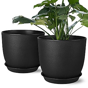 Plant Pots 8 Inch Set of 2, Flower Pots with Multi Mesh Drainage Holes, Planters for Indoor Outdoor Garden Plants and Flowers (Black)