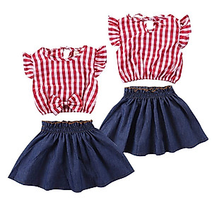 BOIZONTY Toddler Baby Girl Red Plaid Outfits Ruffled Sleeve Crop Top Shirts with Bowknot+Denim Skirt Dress Summer Clothes Set (Plaid, 3-4 Years)