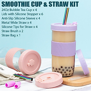 Reusable Glass Mason Jars Cups with Lids and Straws Silicone Sleeves, 4 Pack 24Oz Wide Mouth Smoothie Cups Glass Bubble Tea Cup Leakproof drinking glasses Travel Tumbler for Large Pearl Birthday Gifts