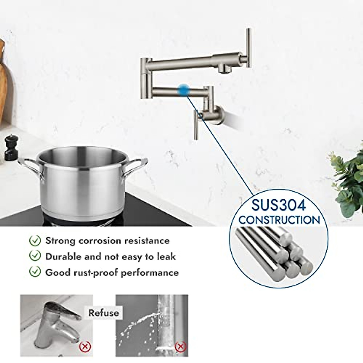 Cinwiny Brushed Nickel Pot Filler Wall Mount Kitchen Restaurant Sink Faucet Stainless Steel Stretchable Commercial Faucet with Folding Double Joint Swing Arm Single Hole Two Handles