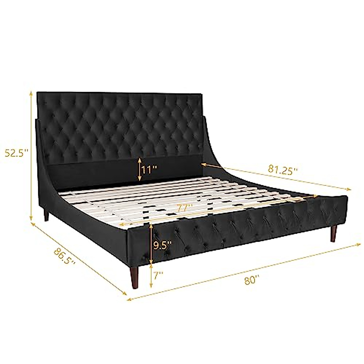 affeivul King Bed Frame and Headboard, King Size Platform Bed Frame No Box Spring Needed, Upholstered Bed Frame King with Cotton and Velvet, Low Storage, Modern Design and Wood Slats - Black