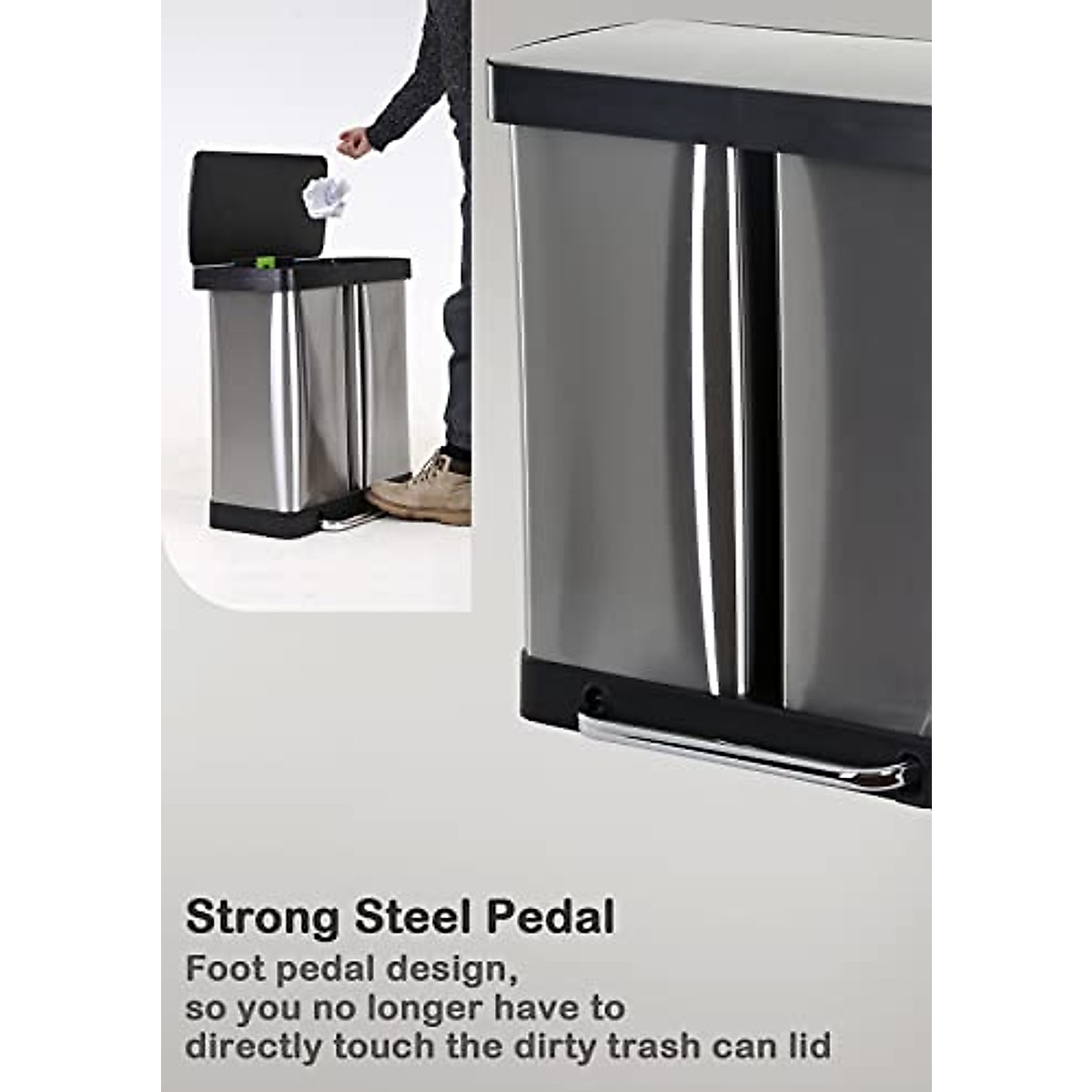 10 Gallon Dual Trash Can, Classified Recycling Bin for Kitchen Recycling and Trash, Double Compartment Trash Can Rubbish Bin with Lid, Plastic Inner Buckets, Stainless Steel, Soft-Close, Airtight