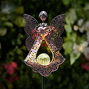 GOODME Angel Solar Garden Lights Waterproof Metal Solar Warm White LED Stake Light Memorial Gift - Fairy Decorative Metal Stakes Lights Crackle Glass Light for Lawn, Yard Art, Pathway, Patio Decor