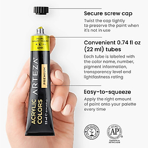 Arteza Metallic Acrylic Painting Art Set, 12 Colors Acrylic Paint, 15 Detail Brushes and 7x8.6 Inches Foldable Canvas Paper Pad Bundle, Art Supplies for Artists & Hobby Painters