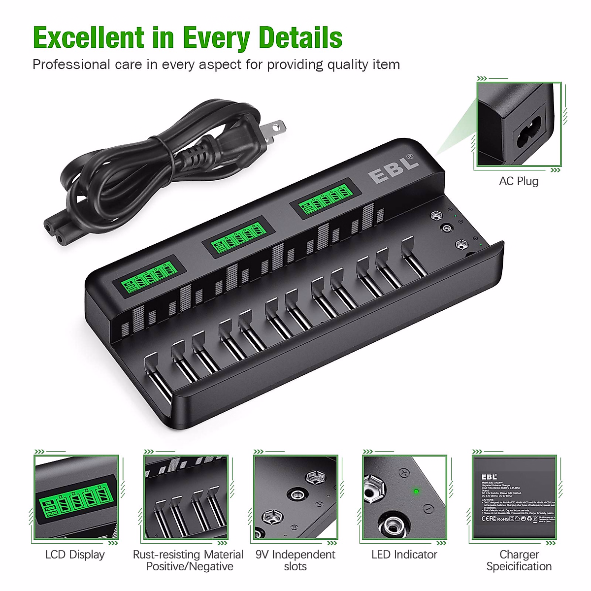 EBL 12+2 Bay LCD Rechargeable Battery Charger for AA AAA C D Ni-MH Ni-CD Rechargeable Batteries & 9V NiMH Ni-CD Li-ion Rechargeable Batteries (AC Power Supply)