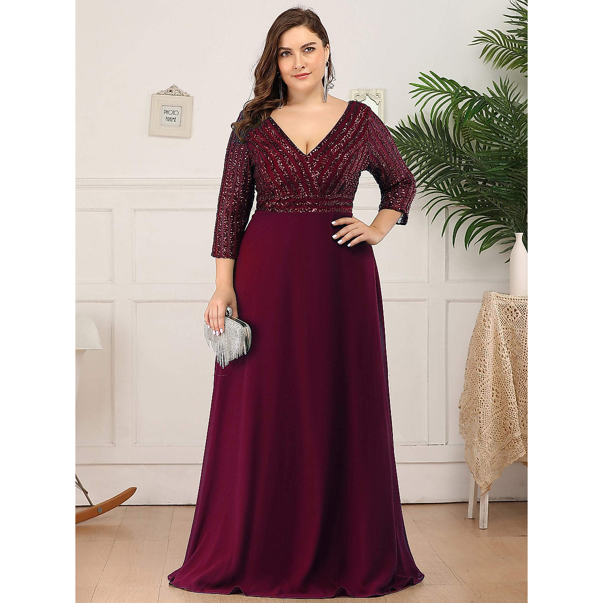 Ever-Pretty Women's Plus Size V-Neck Sparkle Sequins Chiffon Long Sleeves Formal Dresses Burgundy US26