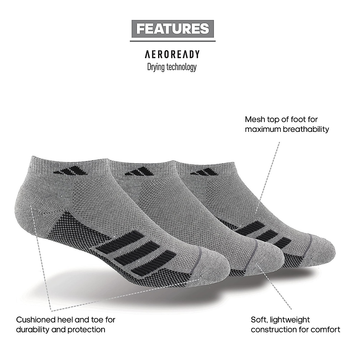 adidas Men's Superlite Stripe II 3-Pack Low Cut, Heather Grey/Black/Night Grey, Large