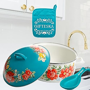 The Pioneer Woman 6.4-Quart Enamel on Steel Dutch Oven with Lid bundle with Spoon Rest and Pot Holder Turquoise Kitchen Gadgets Gift Set (TOTAL 4 PC) The Pioneer Woman Vintage Floral Kitchen Gift Sets for Women