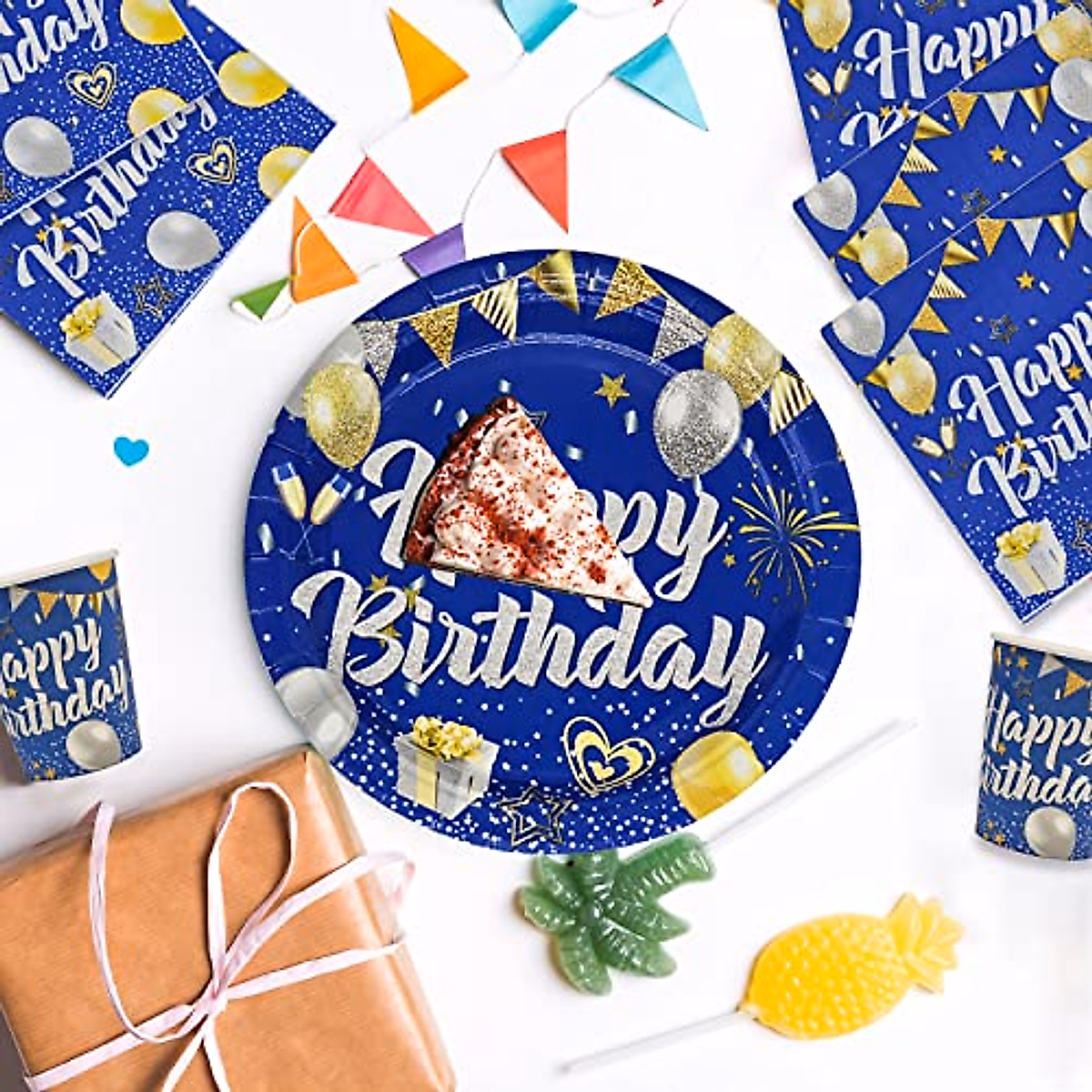 VYTSYD Blue Birthday Party Decorations Packs, 120 Pcs Blue and Gold Foil Dots Happy Birthday Party Supplies for Men Boys | Navy Blue Plates and Napkins Cups Straws Cutlery Set, Serve 24