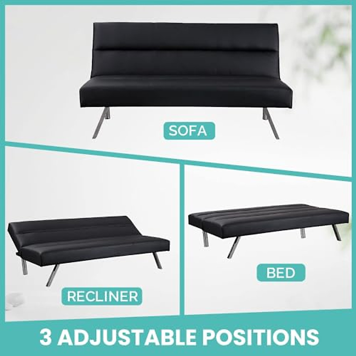 Naomi Home Black Faux Leather Futon Sofa Bed, 66"W x 31"D x 28.3"H, 3-Position Reclining, 500 lbs Weight Capacity