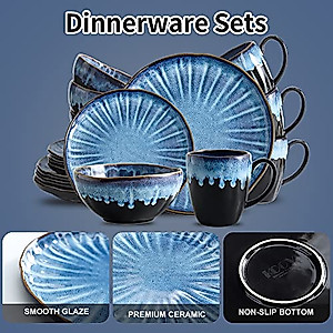 KOOV Ceramic Dinnerware Sets of 16, Plates and Bowls Sets for 4, Dish Set with Dinner Plates, Dessert Plates, Microwave and Dishwasher Safe, Bowls and Cups for Party, Reactive Glaze (Variable Blue)