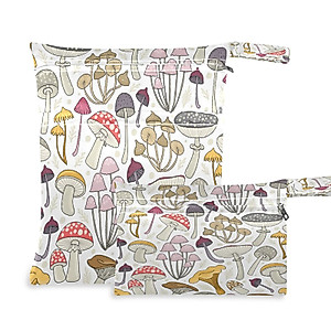 Kigai Colorful Mushroom Wet Dry Bags for Baby Cloth Diapers Waterproof Reusable Wet Bags with 2 Zippered Pockets for Travel Beach Pool Stroller Gym Swimsuits Wet Clothes (2 Pack)