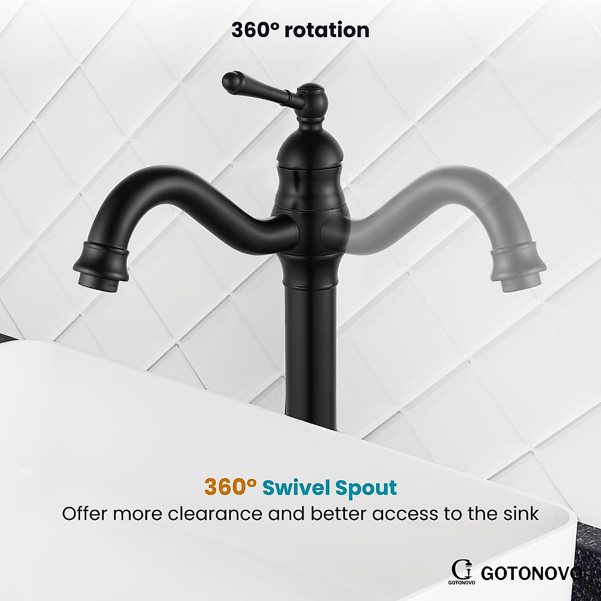 gotonovo Single Handle Vessel Sink Faucet 360° Swivel Bathroom Faucet One Hole Farmhouse Lavatory Vanity Faucet Bowl Sink Mixer Tap with Pop Up Drain, Matte Black