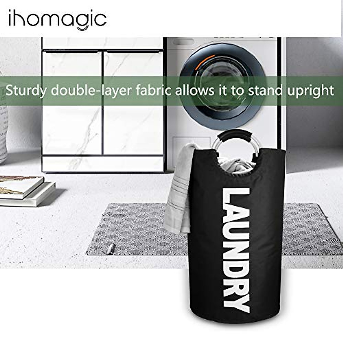 IHOMAGIC Portable Laundry Hamper, Laundry Basket with Aluminum Handle, 120L XL Foldable Washing Bin, Oxford Fabric Laundry Bag Oversize Storage Bin for Kids Toys, Blankets (XL, Black)