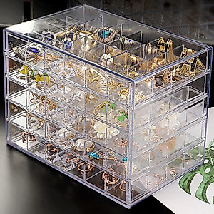 yarlung Acrylic Jewelry Storage Box Earring Holder with 5 Drawers, 120 Grids Jewelry Organizer Tray Clear Ring Display Case for Beads, Nail Tips, Women Girls, Birthday Gift
