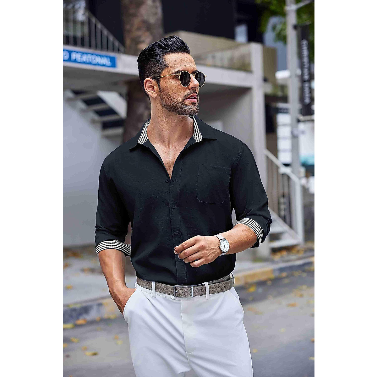 COOFANDY Mens Casual Shirts Long Sleeve Button Up Dress Shirts for Men Linen Beach Wedding Shirts, Navy Blue, XX-Large