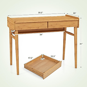 GOFLAME Bamboo Computer Desk, Home Office Desk with 2 Storage Drawers, Open Shelf, Cable Management Groove, Mid Century Writing Desk for Laptop, Working, Learning & Vanity, Natural