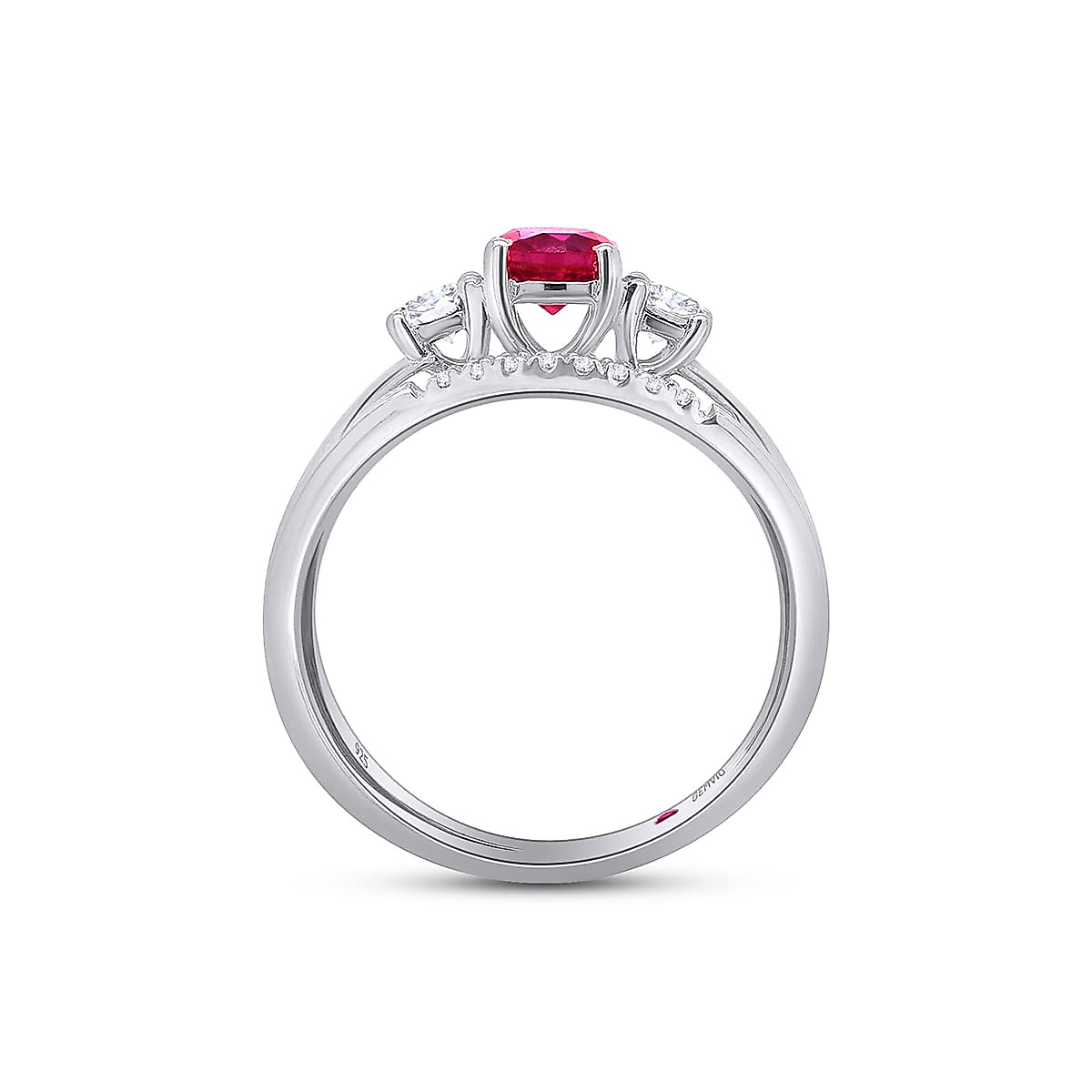 GEMVIO Collection Three Stone Ring, 5MM Round Lab Created Ruby Gemstone & Natural Diamond In 14K White Gold Over Sterling Silver Engagement Anniversary Wedding Bridal Set Ring(0.80Cttw)-7