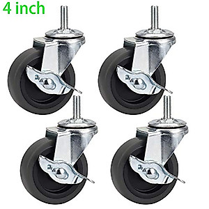 DICASAL Stem Casters with Imperial 3/8-16x25mm Stem Thread Heavy Duty and Highly-Elastic TPR Wheels Mute Castors with Side Brakes Pack of 4 (4 Inch)
