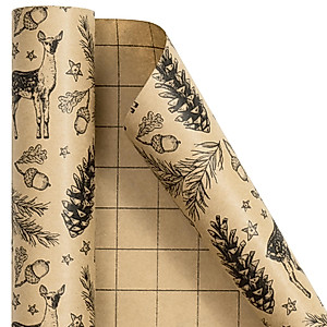 RUSPEPA Kraft Christmas Wrapping Paper Roll - Mini Roll - Black Reindeer Design for Holiday Gift Wrap - 17 Inches X 32.8 Feet